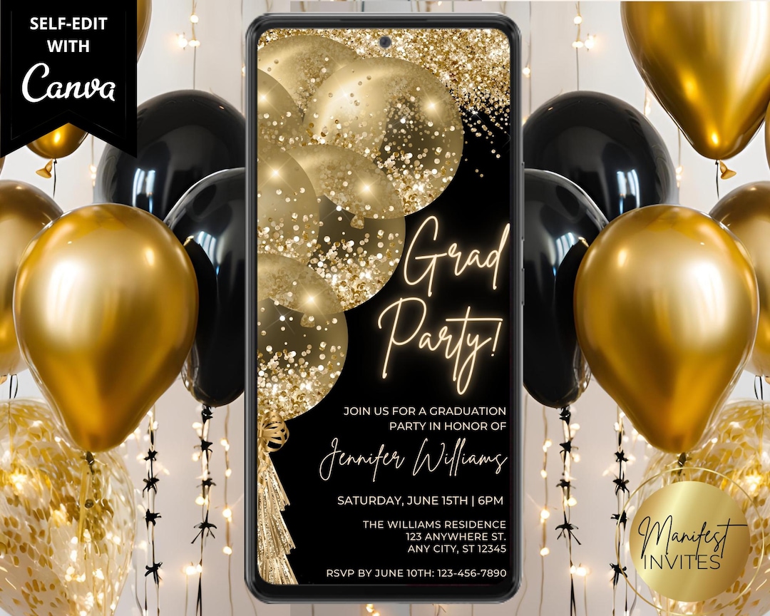 Digital Elegant Gold Glitter Balloons Graduation Party Invitation, High ...