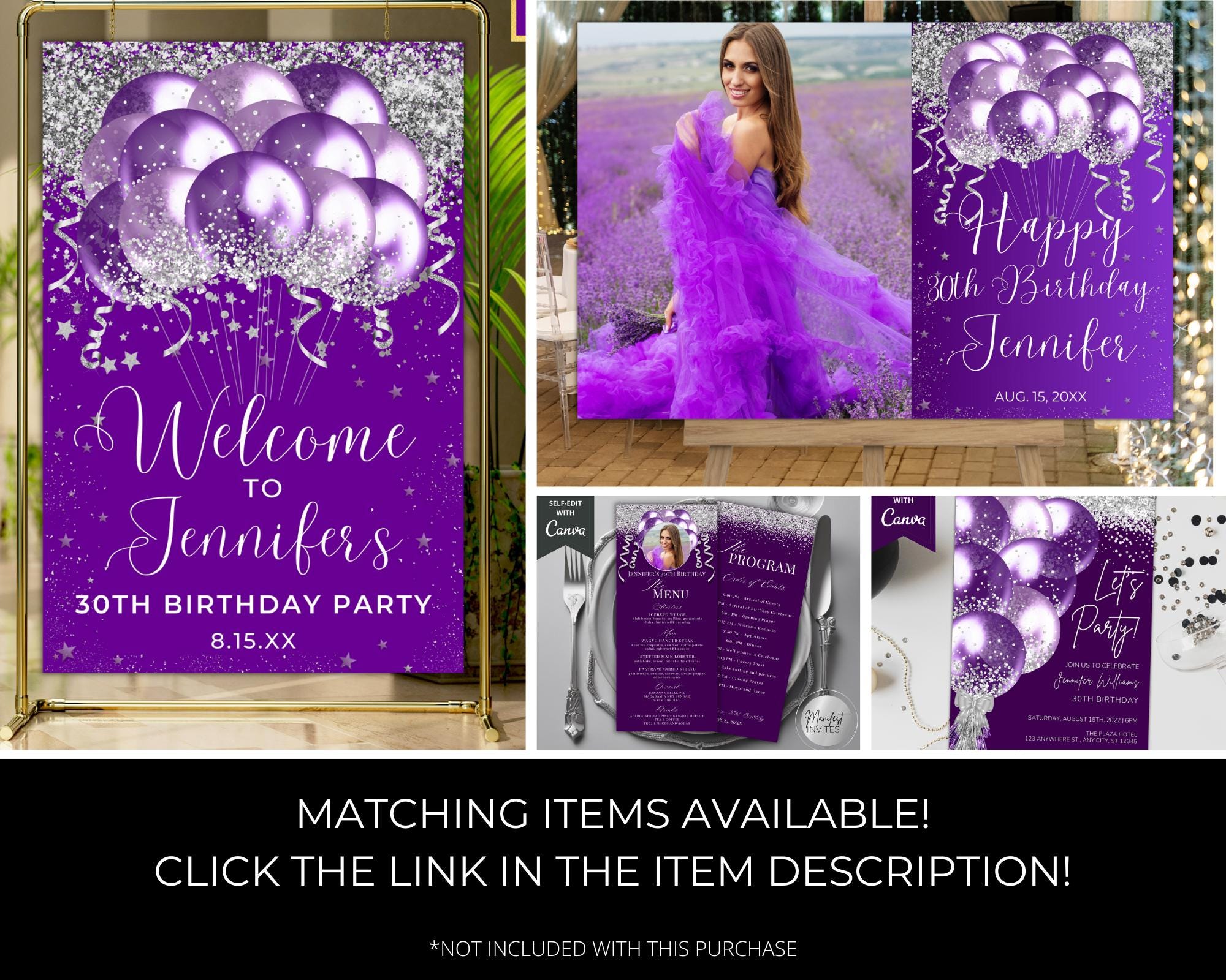Editable Glam Photo Happy Birthday Greeting Card, Neon Purple Silver ...