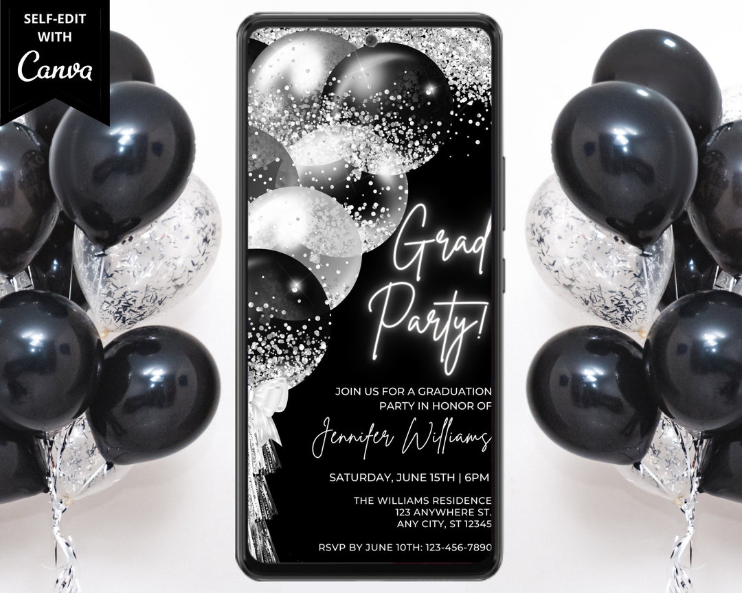 Digital Graduation Party Invitation, Black Silver Glitter Balloons ...