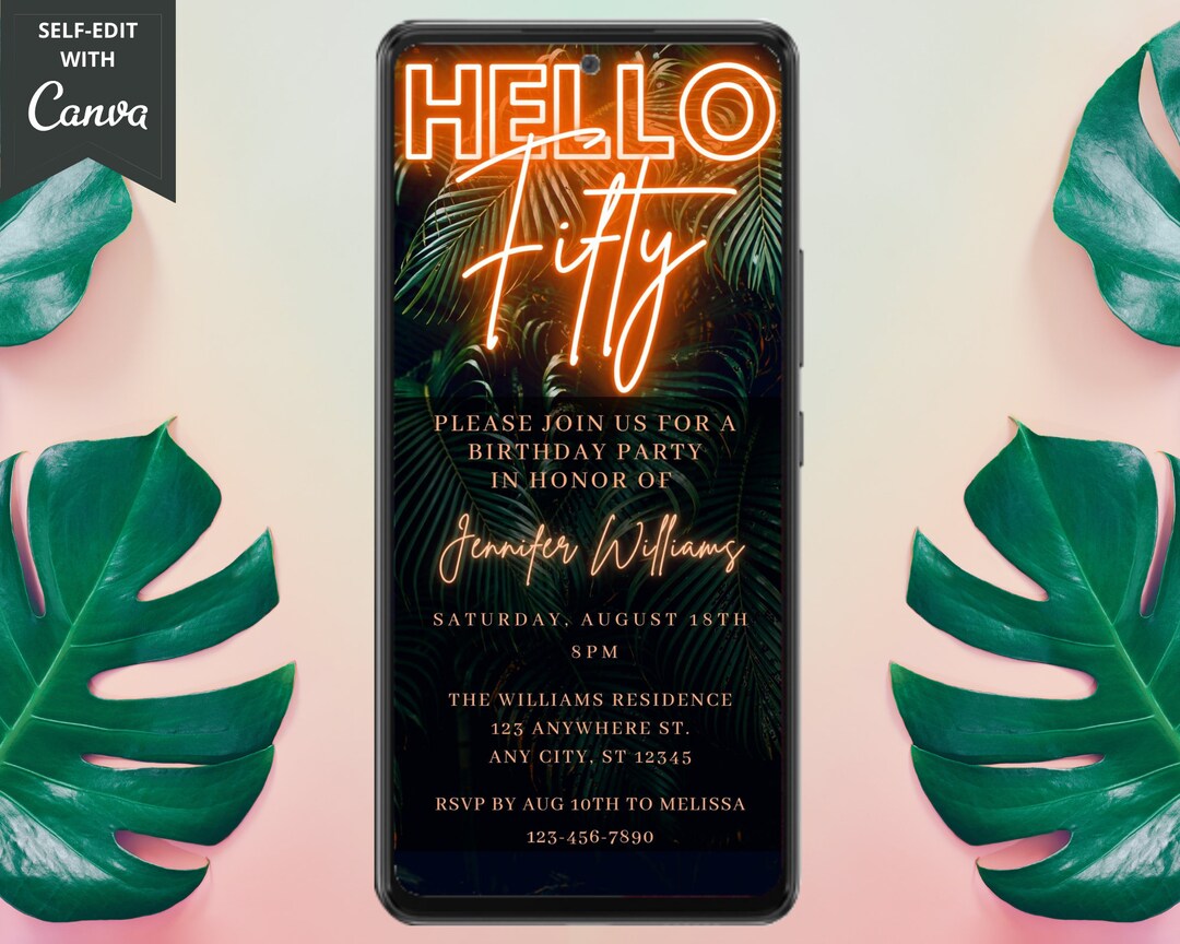 Tropical Hello Fifty 50th Digital Birthday Party Invitation, Electronic ...