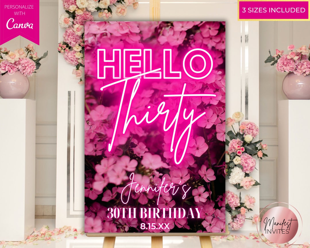 Printable Hello Thirty 30th Birthday Party Pink Floral Welcome Entrance ...