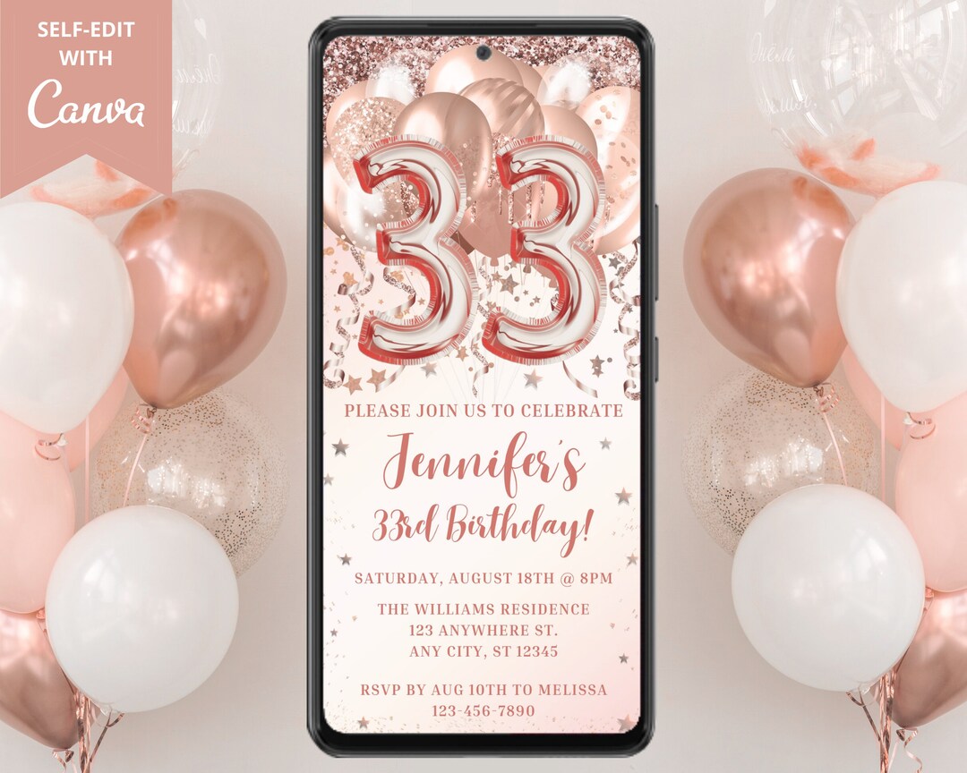 Digital Rose Gold Balloons 33rd Birthday Party Invitation, Electronic ...