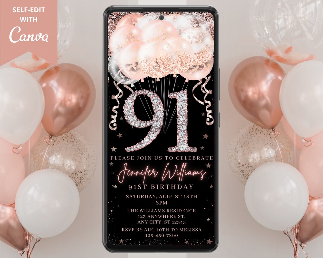 Digital 91st Birthday Pink Rose Gold Diamond Balloons Party Invitation ...