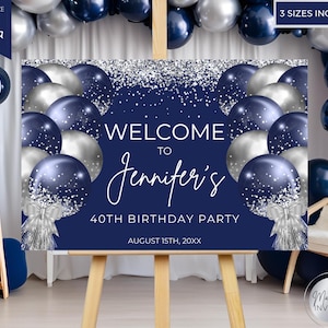 Editable Navy Blue Silver Glitter Balloons Glam Welcome Sign Template ...
