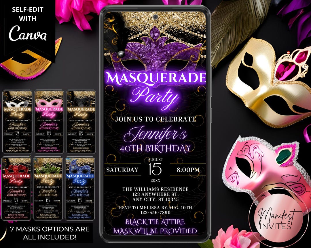 Digital Masquerade Party Birthday Invitation, Masquerade Mask Ball ...
