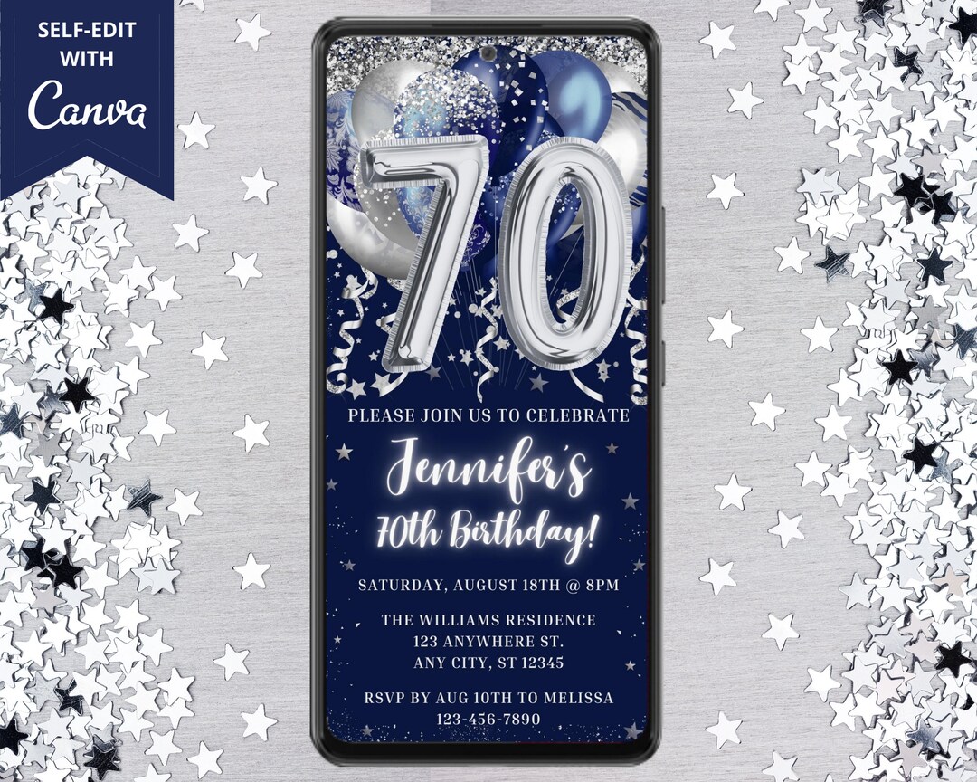 Digital 70th Birthday Party Navy Blue Silver Balloons Invitation ...