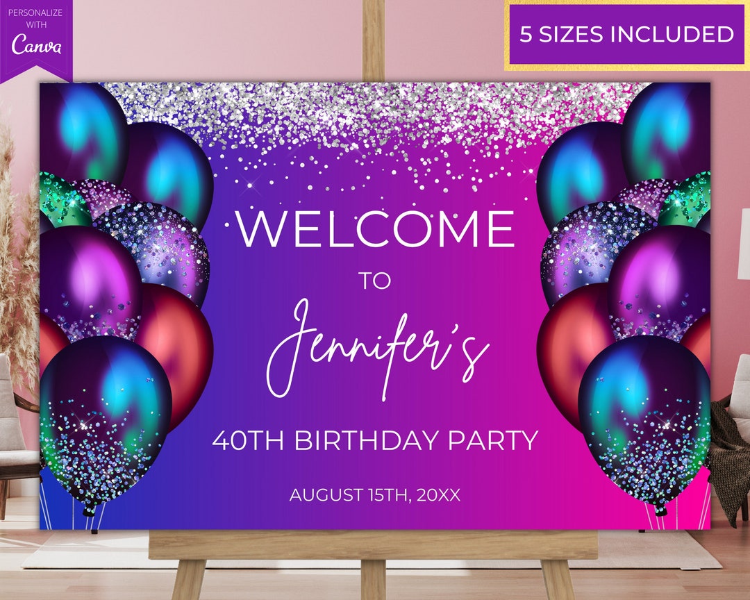 Editable Iridescent Balloons Birthday Welcome Sign, Printable Birthday ...