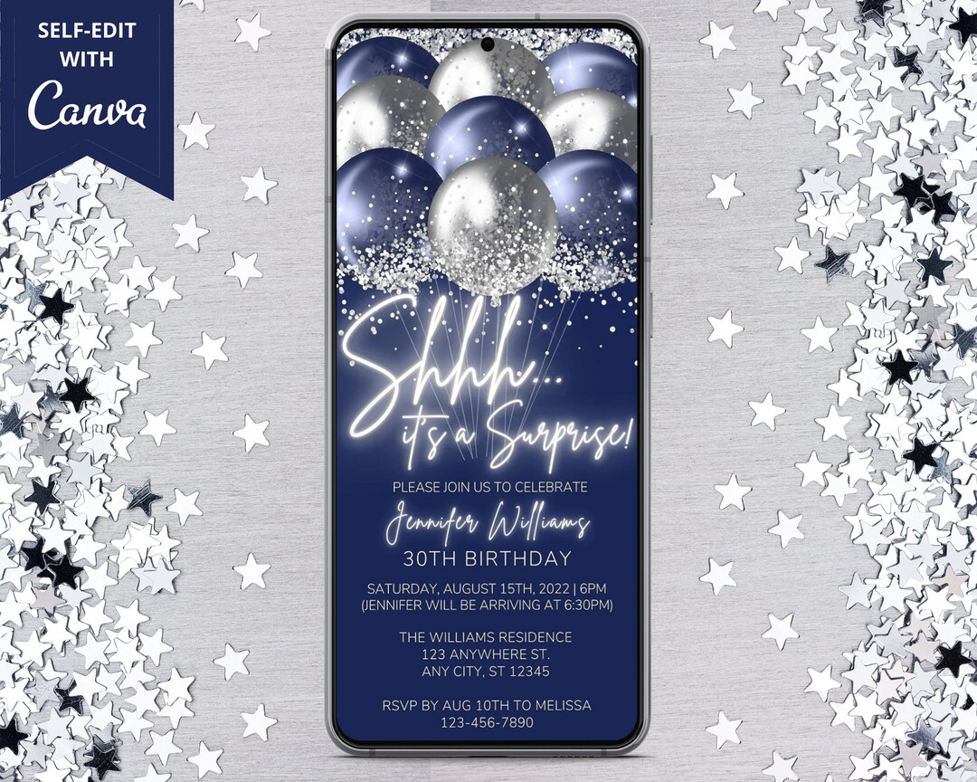 Digital Navy Blue Silver Surprise Birthday Invitation, Electronic ...
