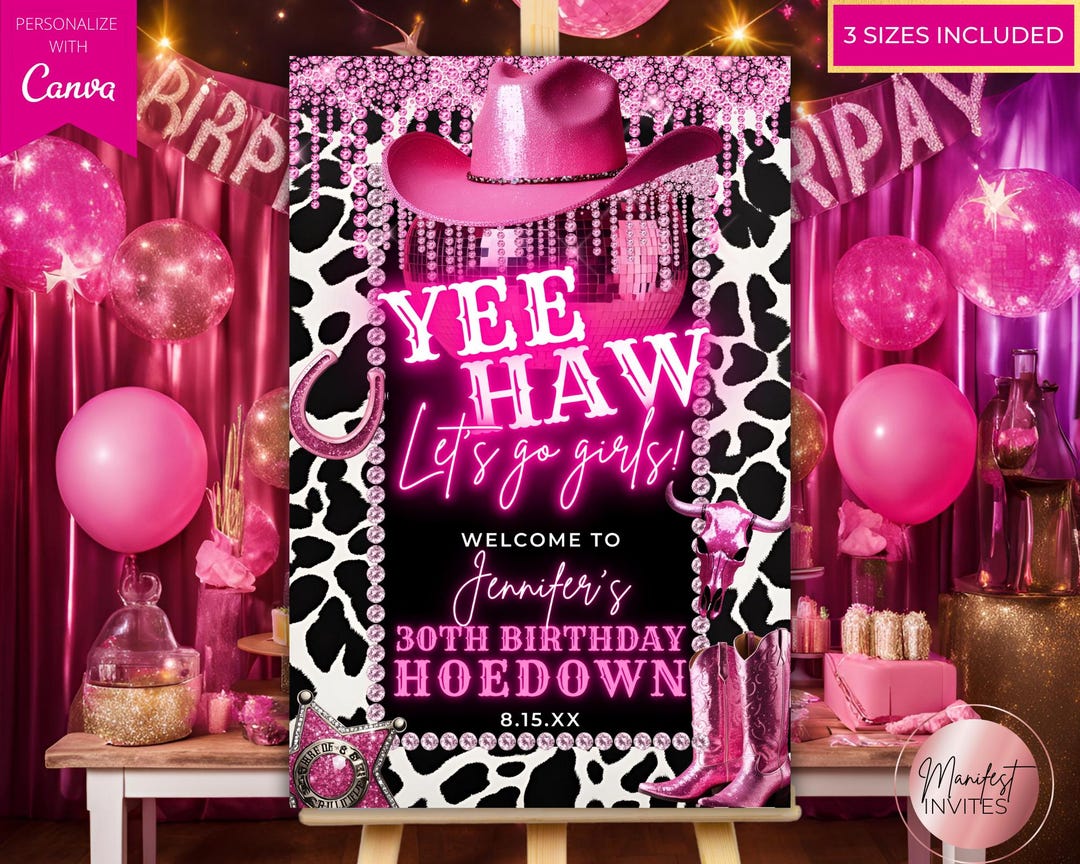 Editable Pink Disco Cowgirl Birthday Hoedown Welcome Sign, Western Glam ...