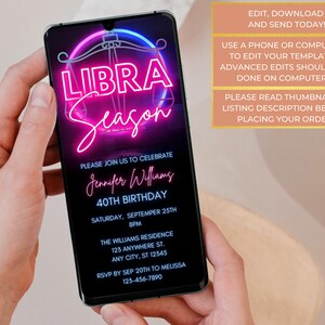 Libra Zodiac Birthday Digital Invitation, Electronic Party Invite, Neon ...