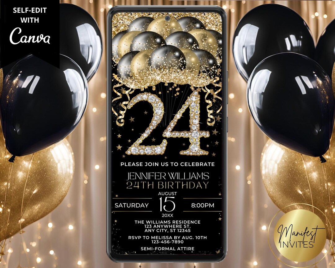 Digital Glam 24th Birthday Party Invitation, Elegant Diamond Black Gold ...