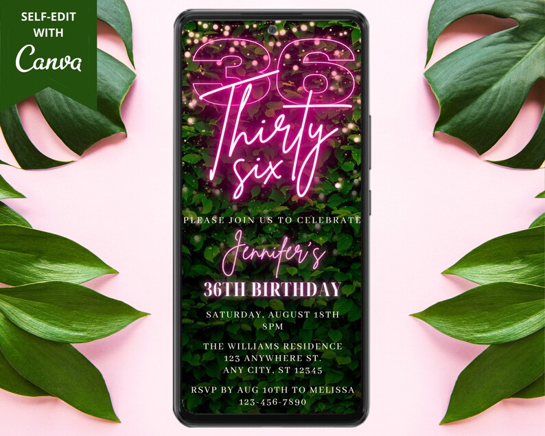 Digital 36th Birthday Party Invitation, Electronic Phone Text Message ...
