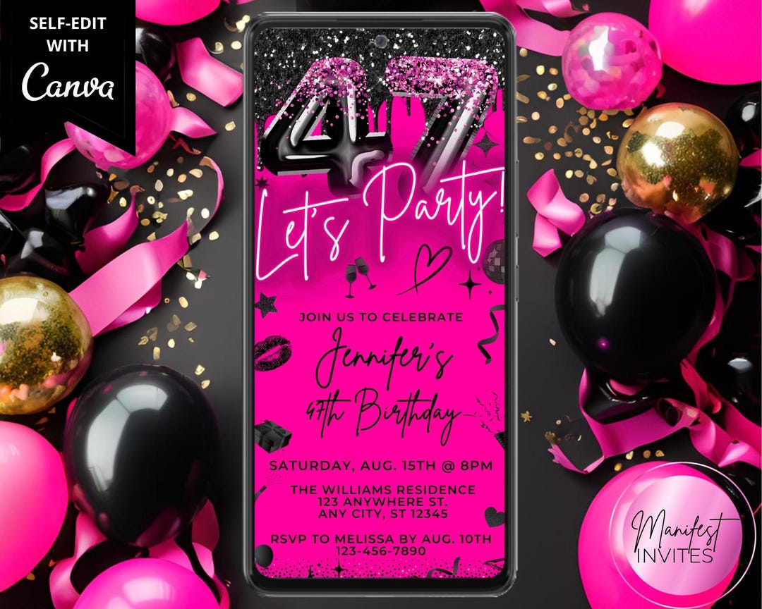 Digital 47th Birthday Hot Pink Black Glitter Glam Party Invitation, for ...