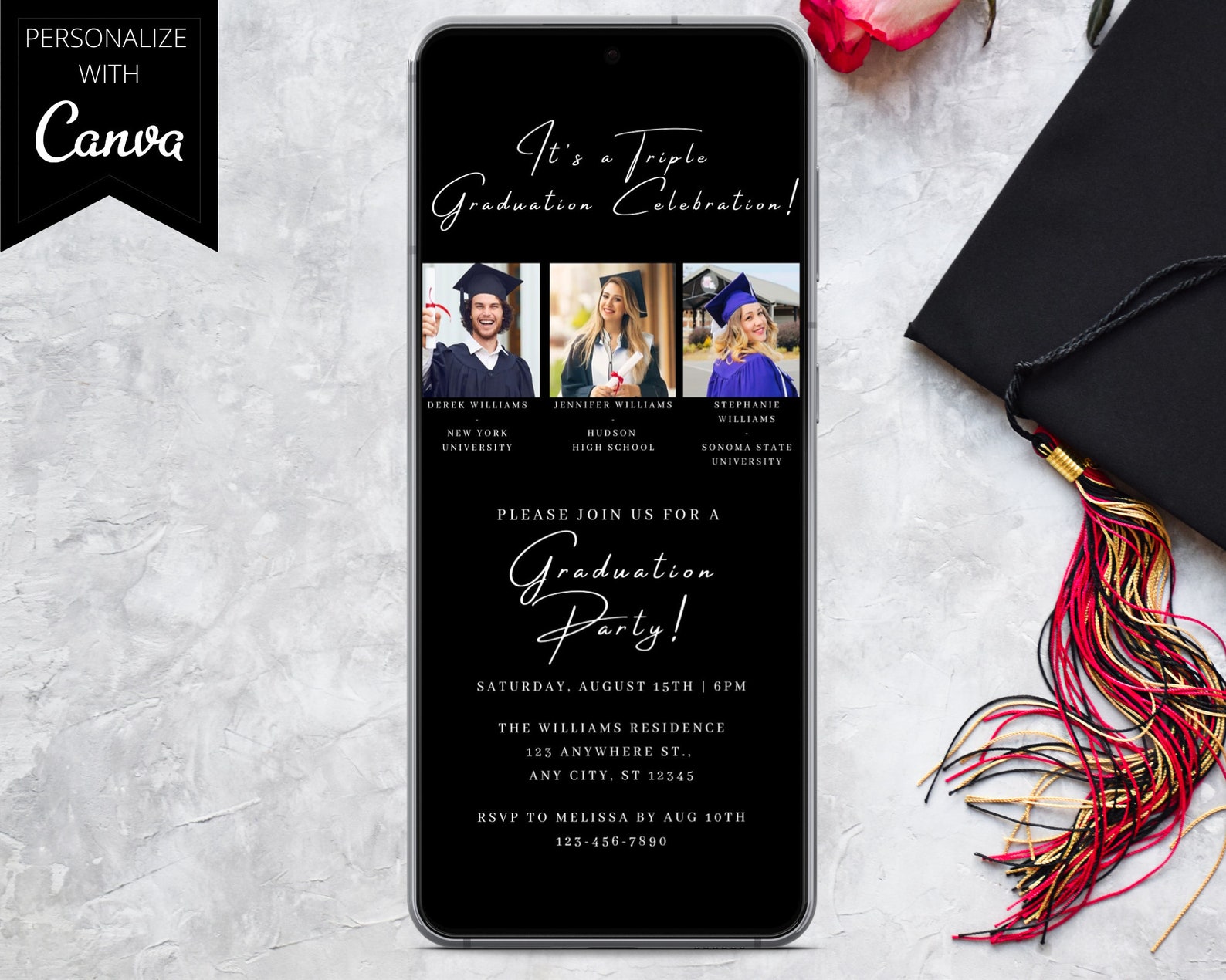 Digital Triple Graduation Invitation Electronic Grad Party | Etsy