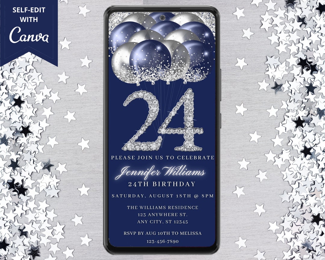 Digital 24th Birthday Navy Blue Silver Invitation, Electronic Text ...
