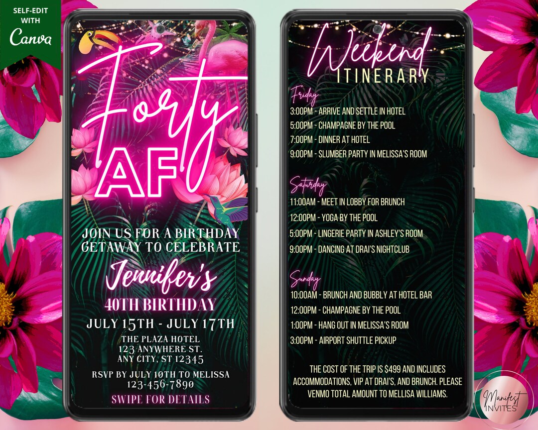 Digital Tropical Forty AF 40th Birthday Trip Weekend Itinerary Invite ...
