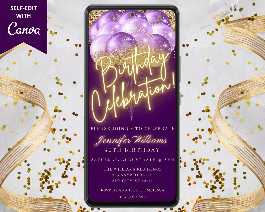 Digital Birthday Celebration Purple Gold Party Invitation, Electronic ...