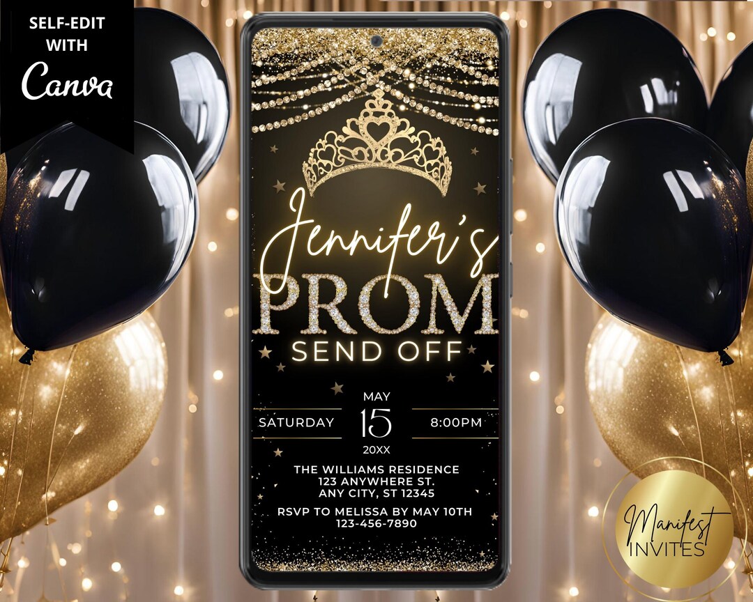Digital Prom Send off Black Gold Diamonds Party Invitation, Prom Queen ...
