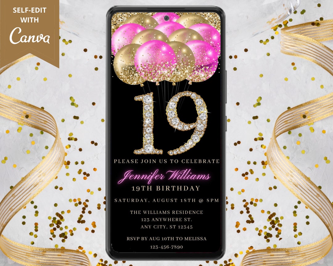 Digital 19th Birthday Pink Gold Invitation, Electronic Text Message ...