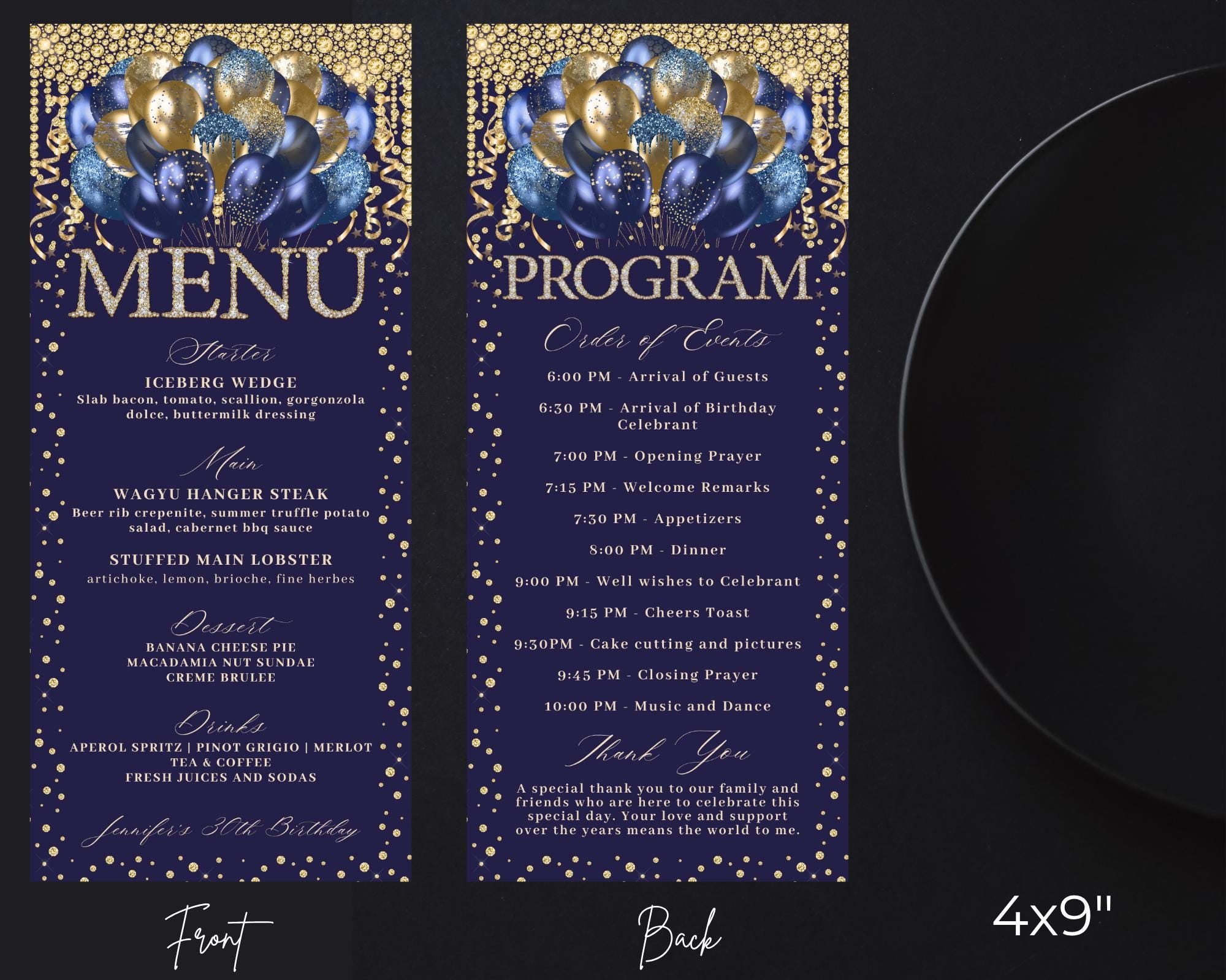 Editable Glam Navy Blue Gold Glitter Balloons Diamond Menu Program and ...