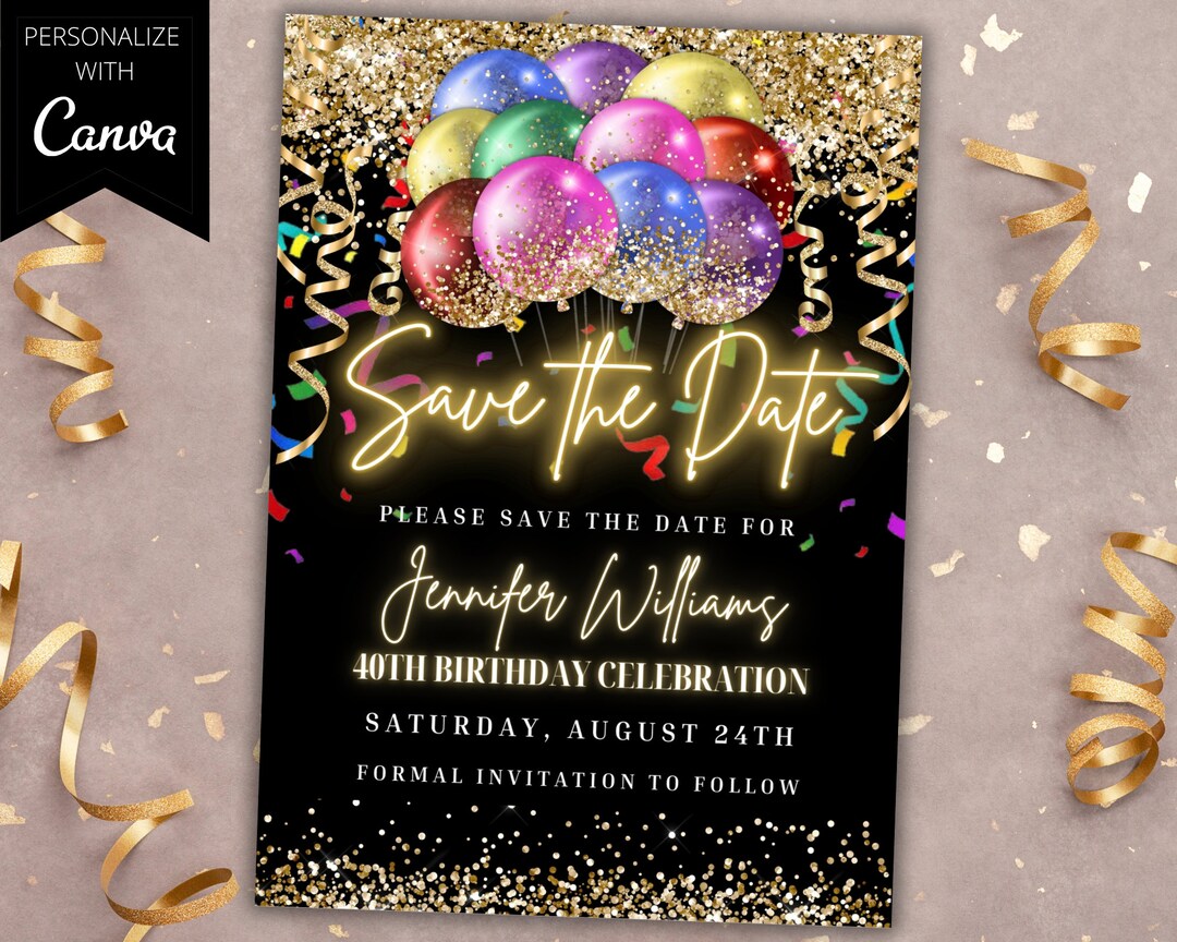 Editable Rainbow Gold Glitter Balloons Save the Date Party Invitation ...