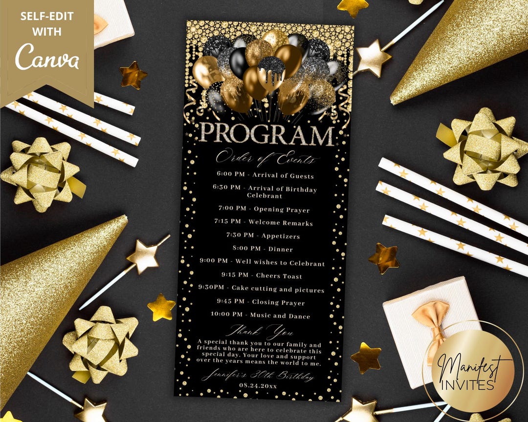 Editable Glam Black Gold Glitter Balloons Diamond Program and Thank You ...