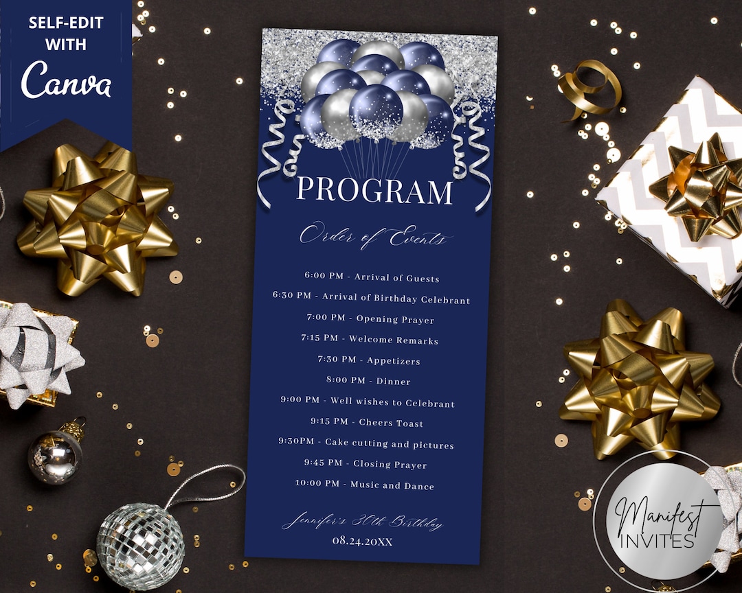 Editable Blue Silver Balloons Birthday Event Program Card Template ...