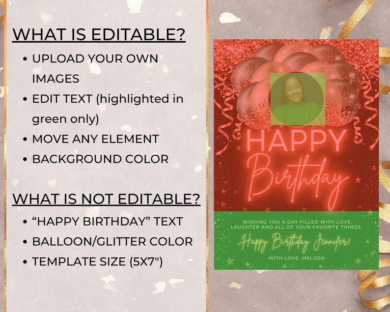 Editable Glam Photo Happy Birthday Greeting Card, Neon Green Gold ...