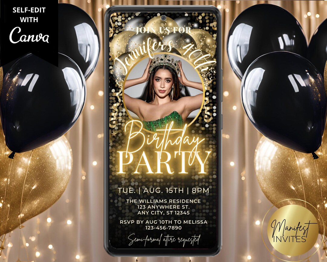 Digital Elegant Formal Birthday Party Photo Invitation, Black Gold ...