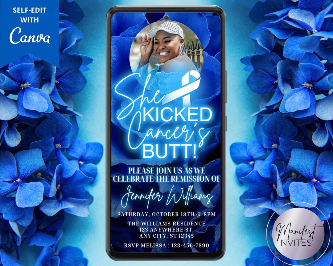 Digital Colon Cancer Remission Party Blue Floral Photo Invitation, She ...