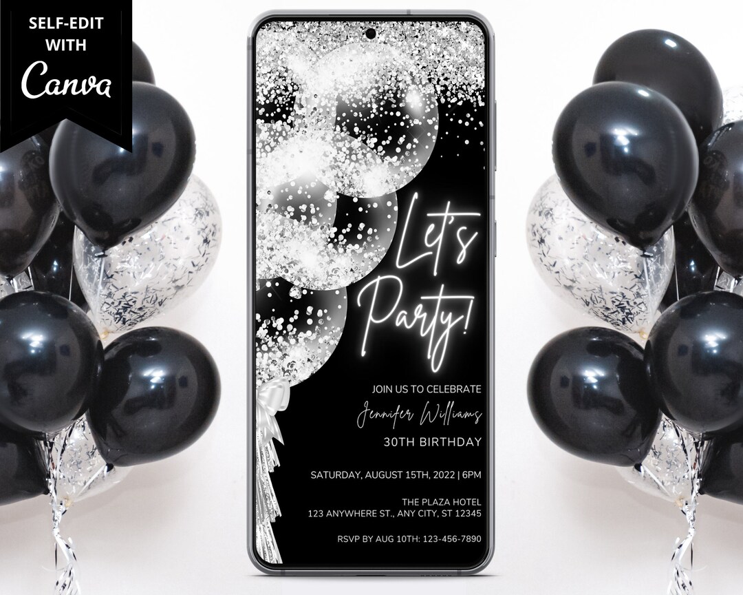 Digital Black Silver Balloons Birthday Invitation Electronic - Etsy