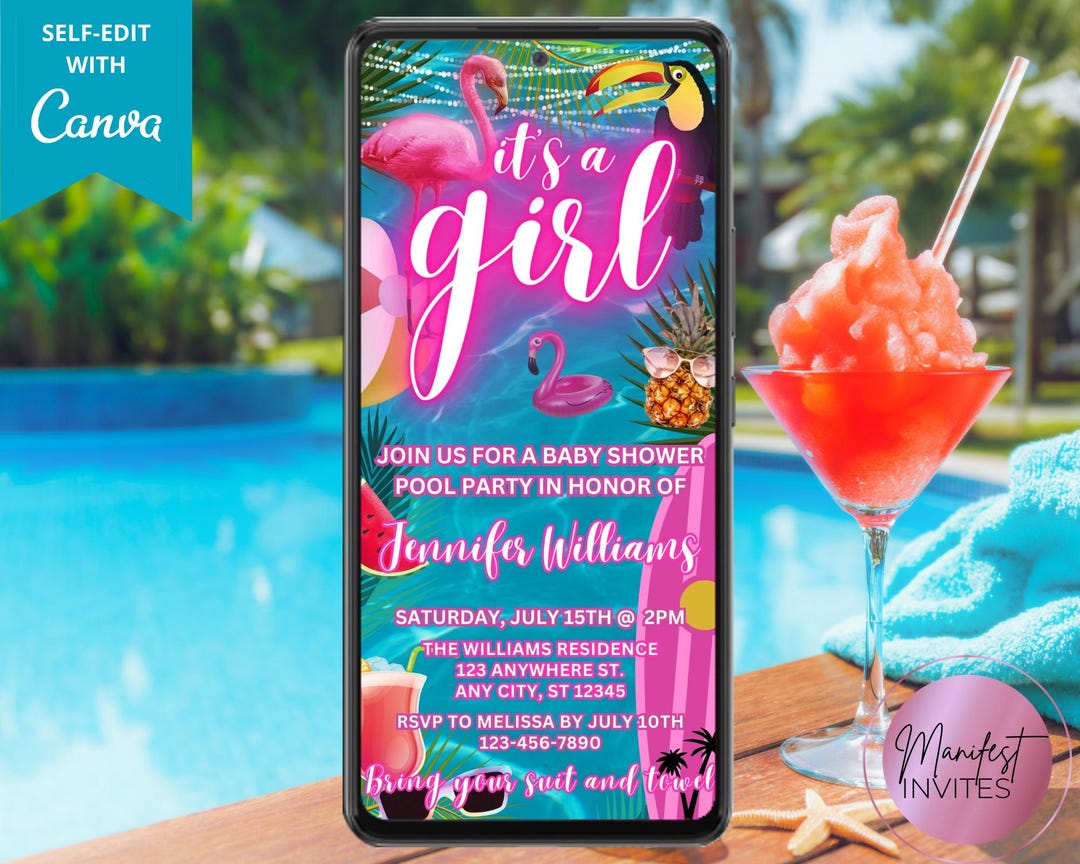 Digital It's a Girl Pool Party Baby Shower Invitation, Pink Tropical ...