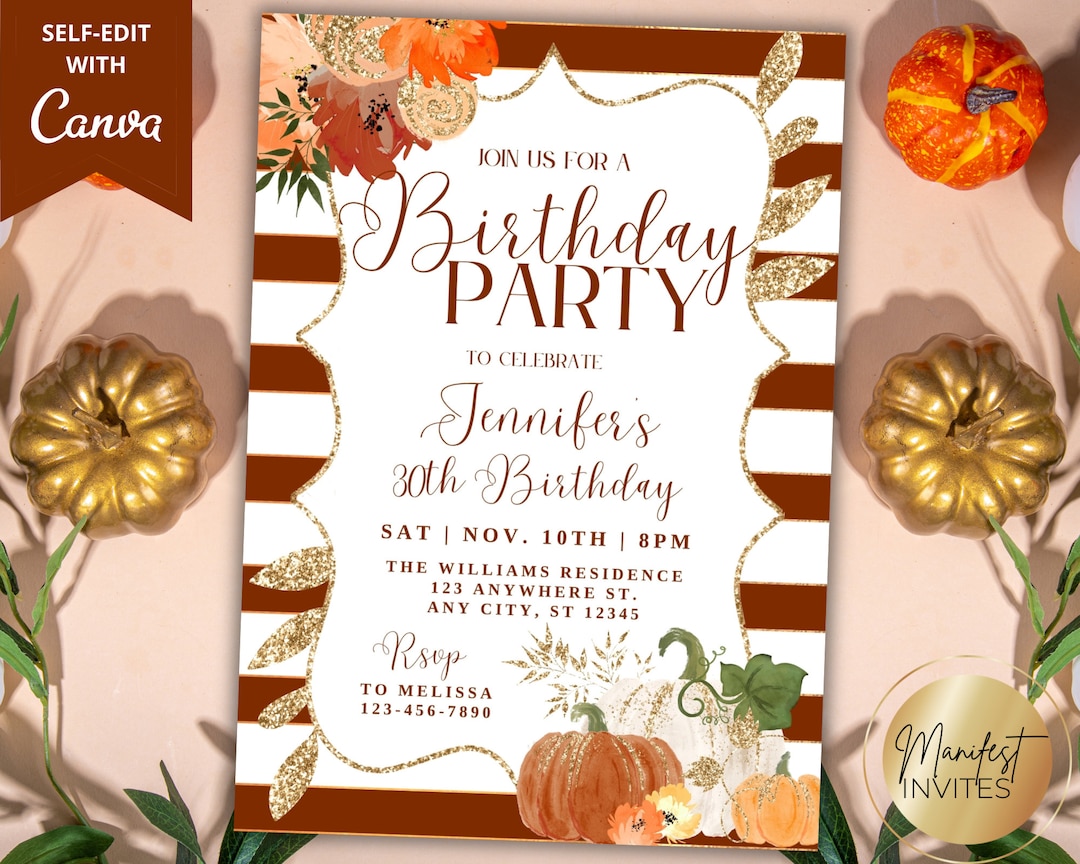 Editable Fall Themed Birthday Party Invitation, Autumn Birthday Party ...