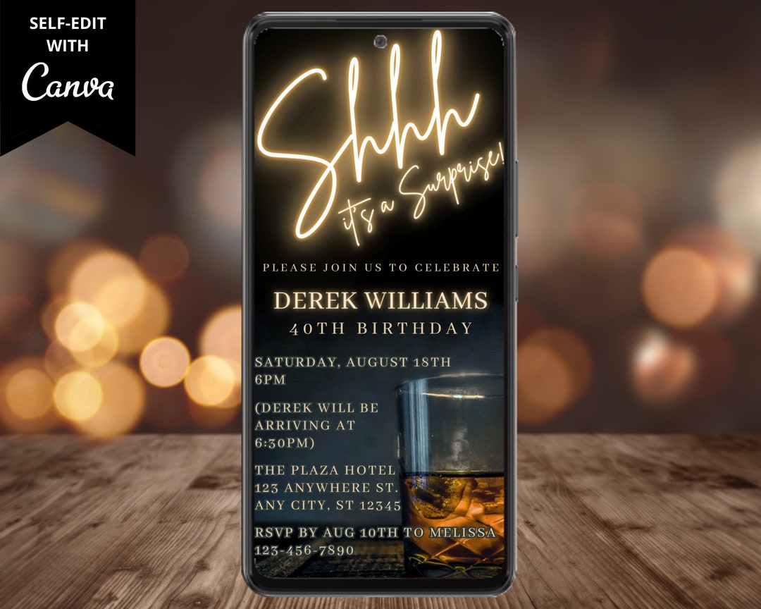 Digital Men's Shhh Surprise Birthday Party Whiskey Invitation ...
