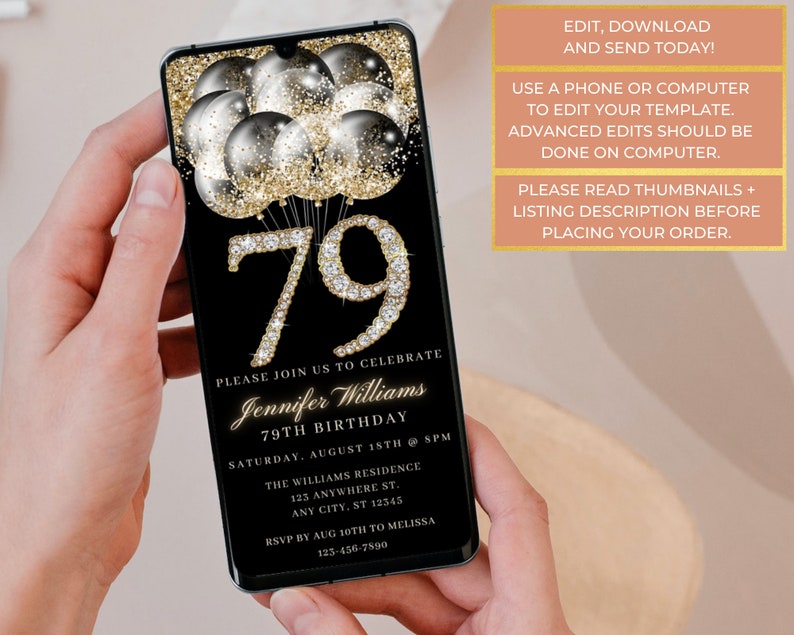 Digital 79th Birthday Party Invitation, Electronic Text Message Evite ...