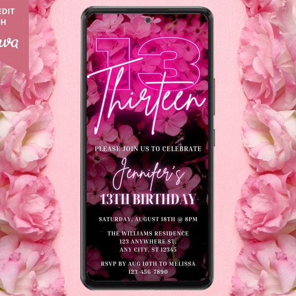 Pink 13th Birthday Digital Invitation - Etsy