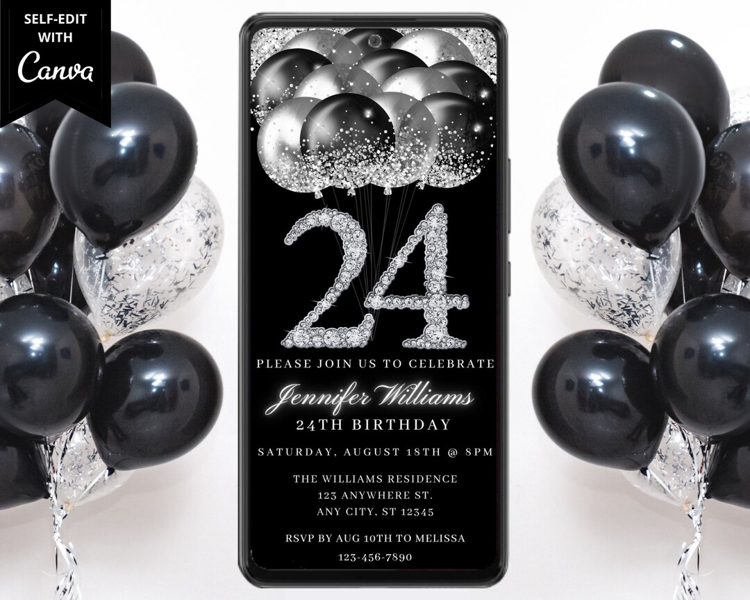 Digital 24th Birthday Black Silver Invitation, Electronic Text Message ...