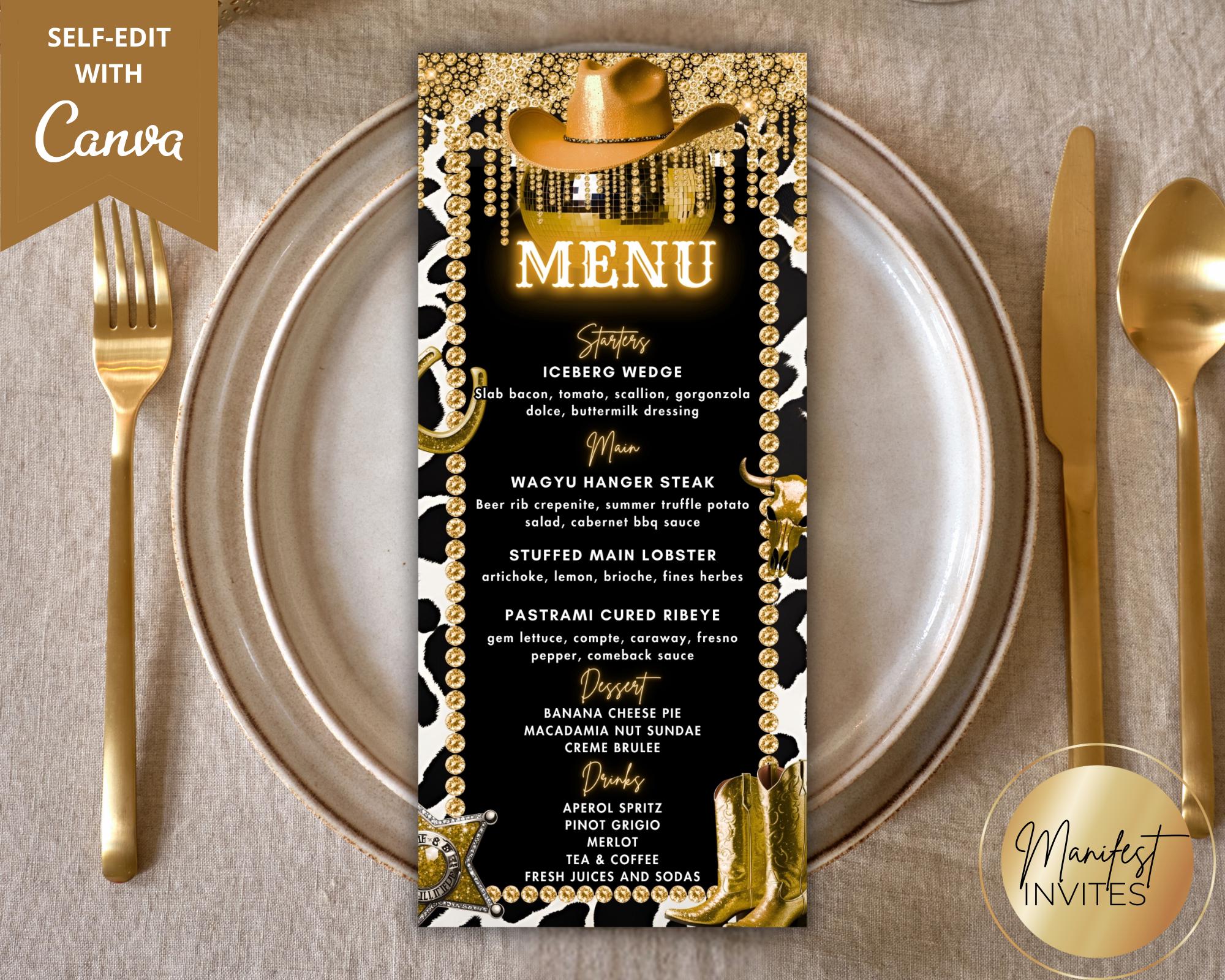 Editable Gold Disco Cowgirl Birthday Hoedown Dinner Menu Card Template ...