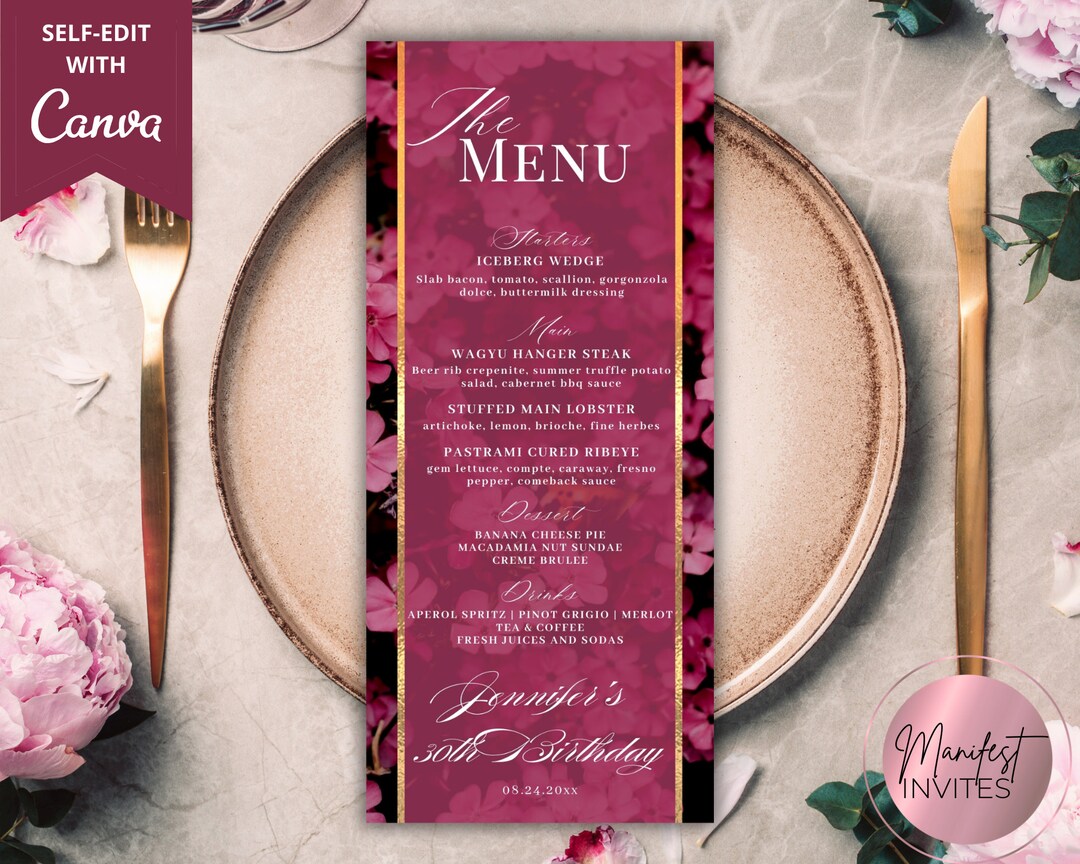 Editable Pink Floral Dinner Menu Card Template, Printable Event Menu ...