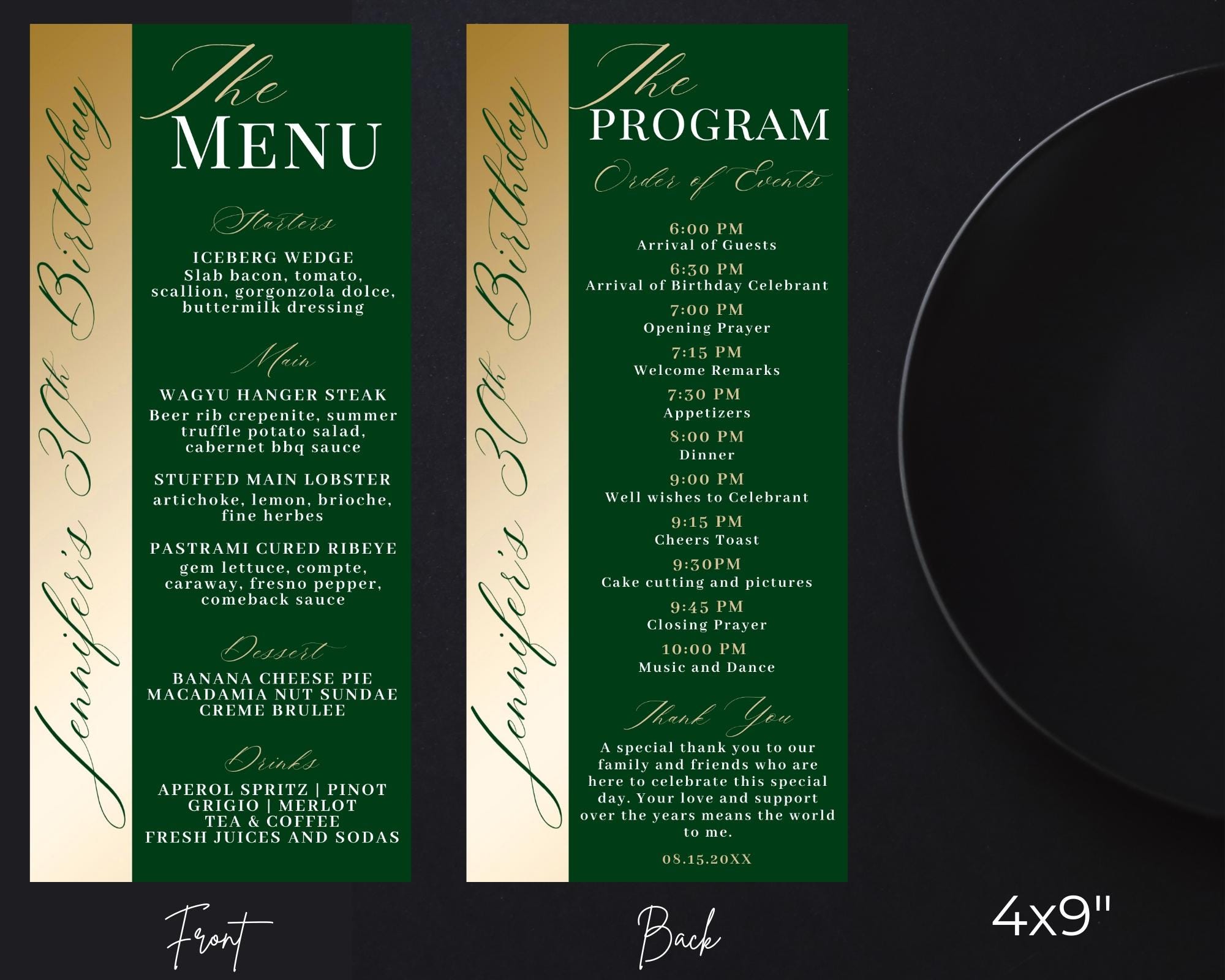 Editable Elegant Green Gold Menu Program and Thank You Card, Modern ...