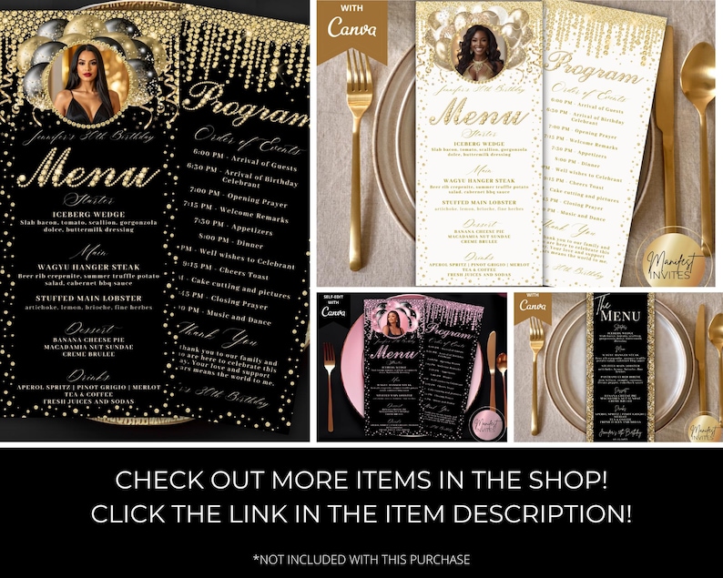 Editable Modern Graduation Black White Dinner Menu Card and Program ...