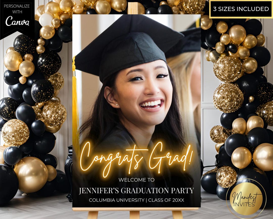 Editable Graduation Party Photo Welcome Sign, Gold Neon Congrats Grad ...