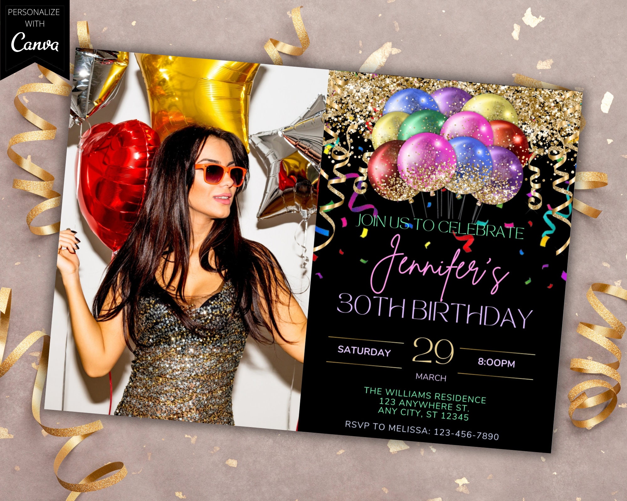 Editable Photo Rainbow Gold Glitter Balloons Birthday Party Invitation ...