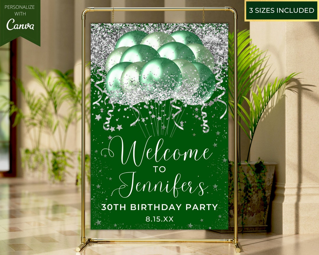 Printable Green Silver Glitter Balloons Welcome Sign, Birthday Party ...