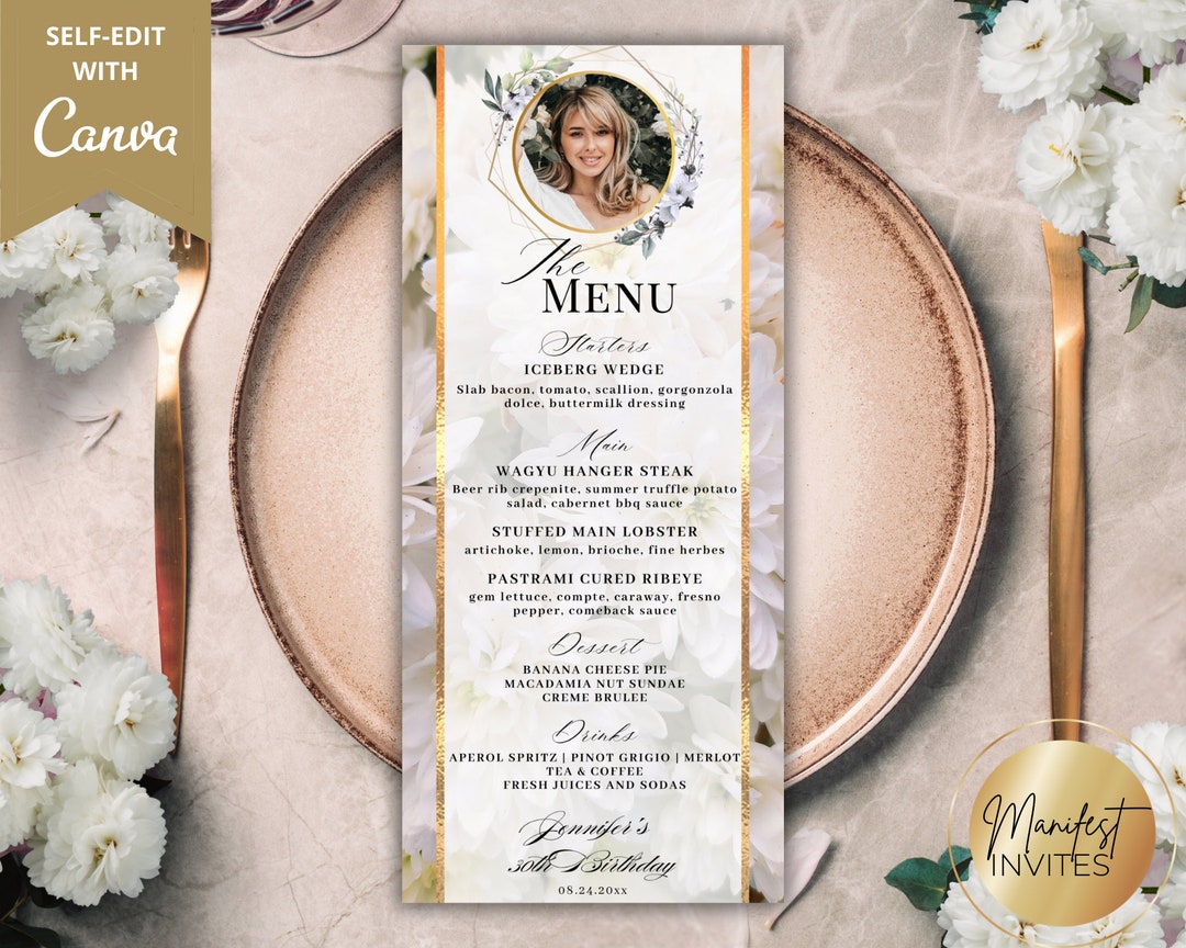 Editable Picture White Floral Menu Card Template, Printable Event Menu ...