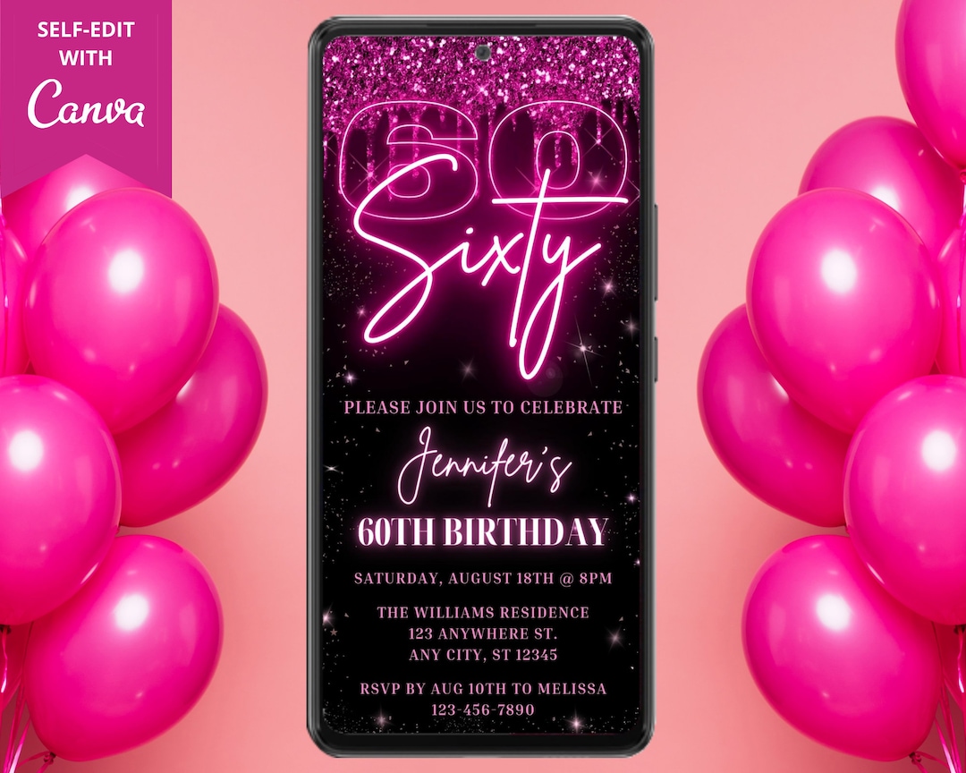 Sixty 60th Birthday Party Digital Invitation, Electronic Phone Text ...