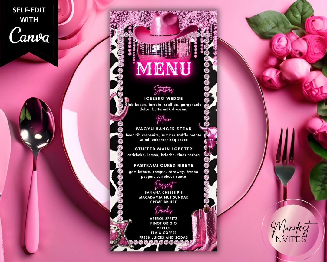 Editable Pink Disco Cowgirl Birthday Hoedown Dinner Menu Card Template ...