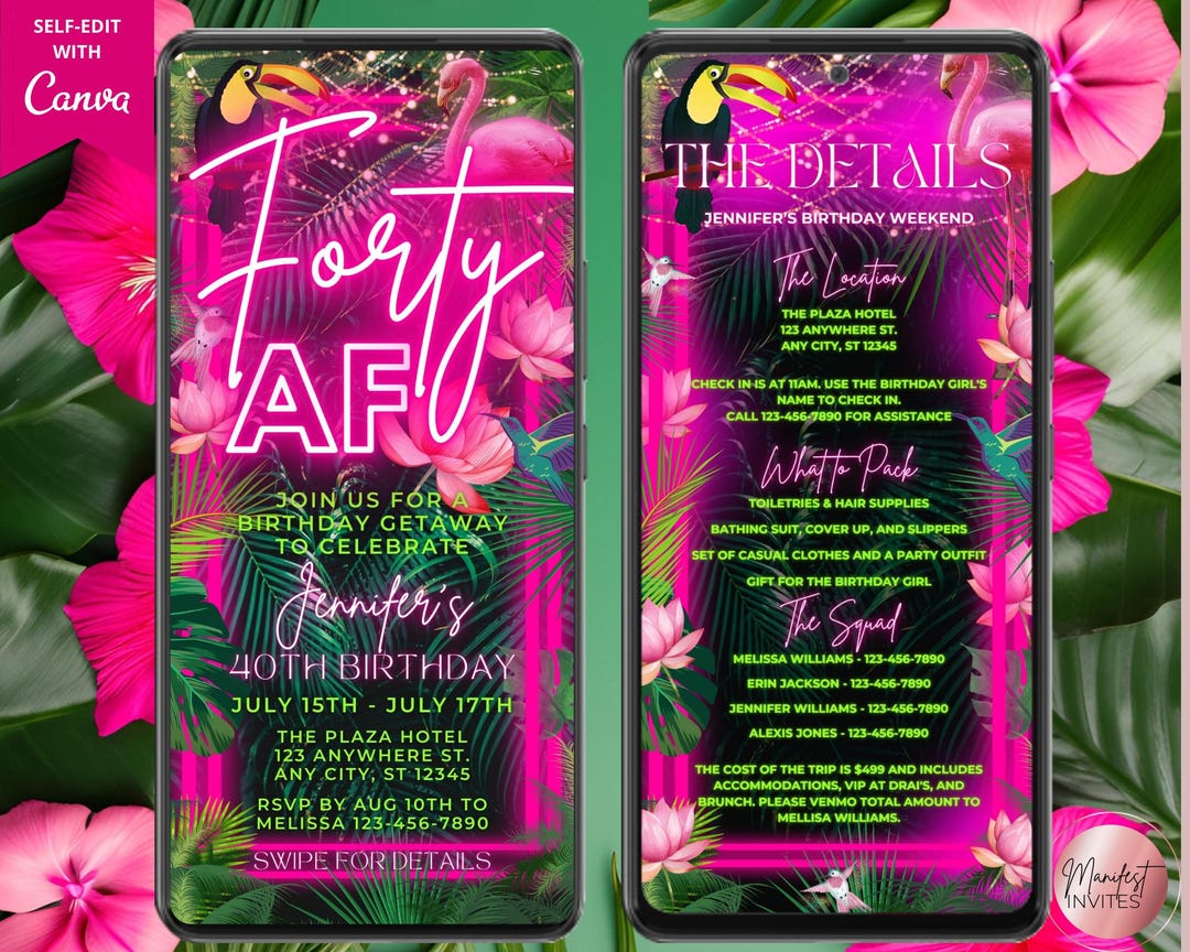 Digital Tropical Forty AF 40th Birthday Trip Weekend Itinerary Invite ...