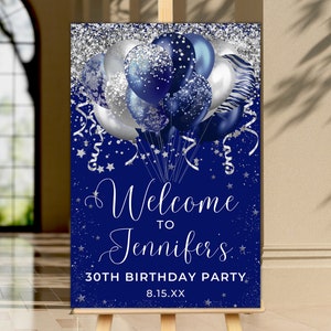 Blue Silver Glitter Balloons Printable Welcome Sign, Birthday Party ...