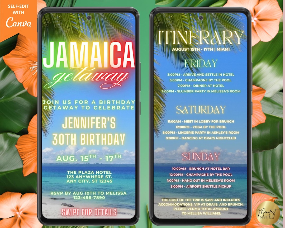Digital Jamaica Getaway Tropical Birthday Trip Invitation, 3 Day Travel ...